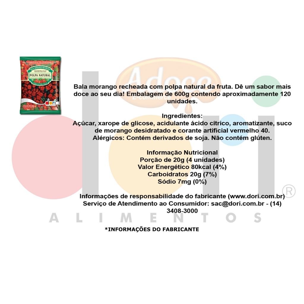 BALA MORANGO RECHEADA 600G DORI